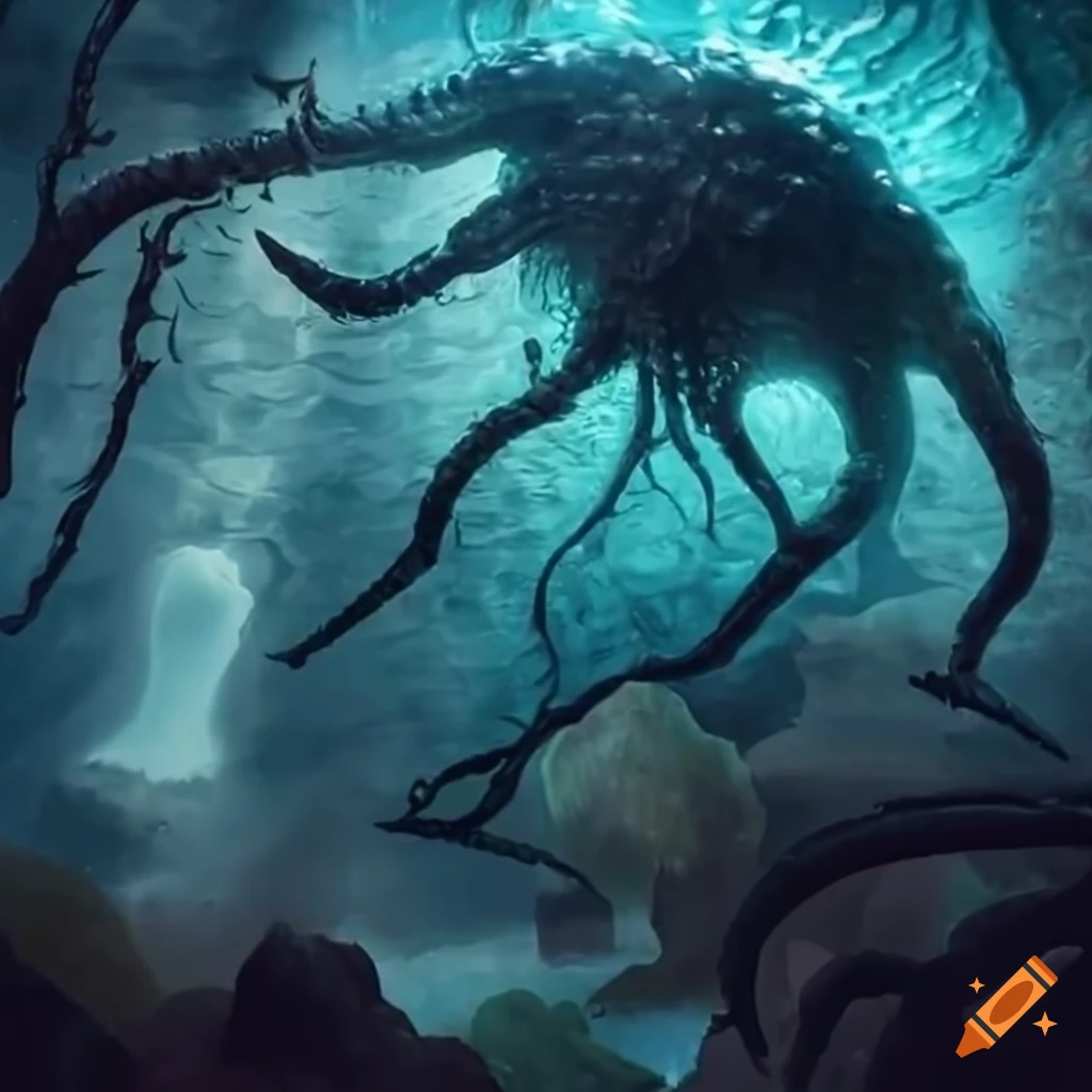 Eldritch monster underwater from an overhead perspective on Craiyon