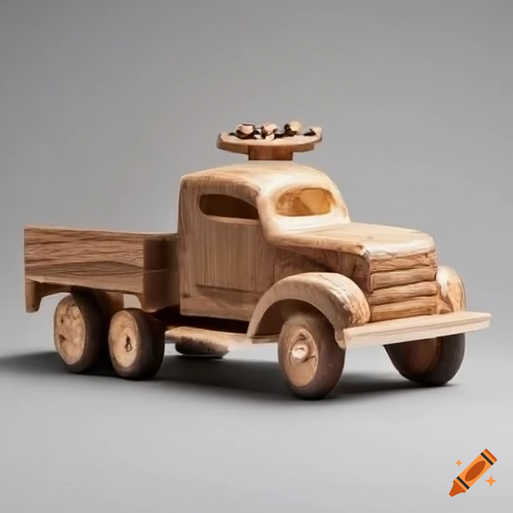 Handcrafted wooden truck model with 6 wheels and pebble headlights on ...