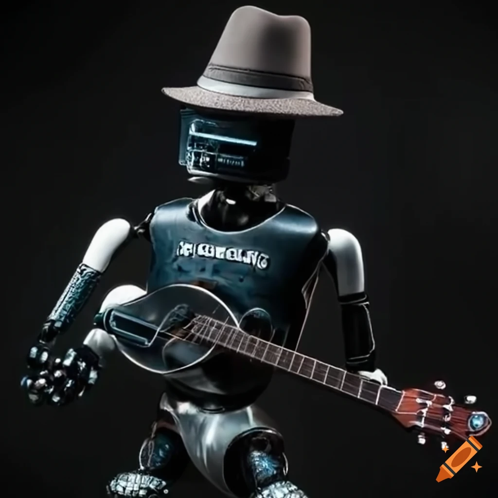 Futuristic robot wearing a black blues brothers hat and playing a ...