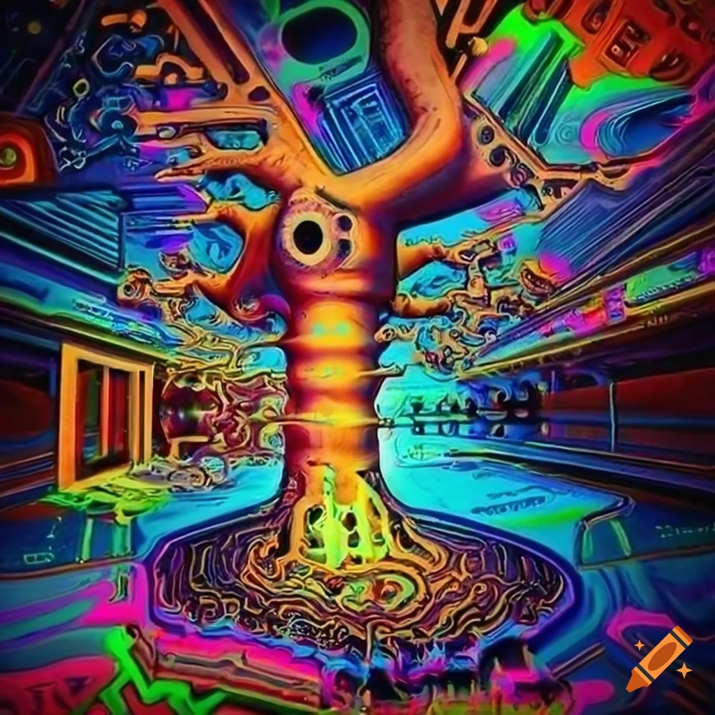 Psychedelic alien tree in tube art style with technical drawing of tropical plants on Craiyon