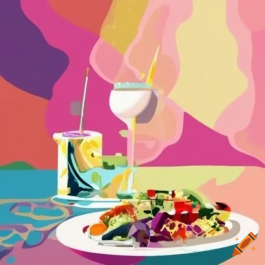 Colorful digital art of lunch in a grand cafe with wine, salad, and ...