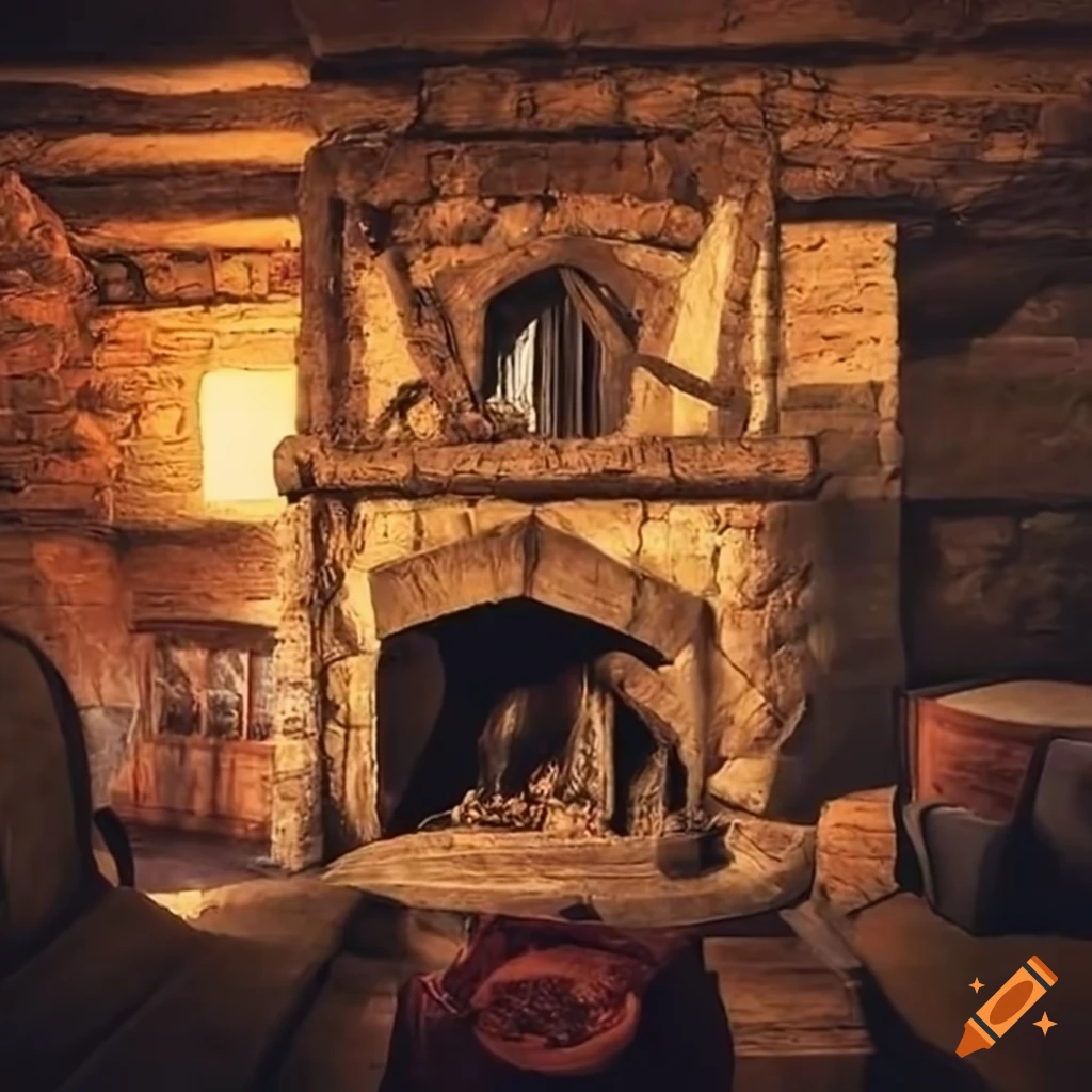 Interior of a medieval cottage with unlit stone fireplace on Craiyon