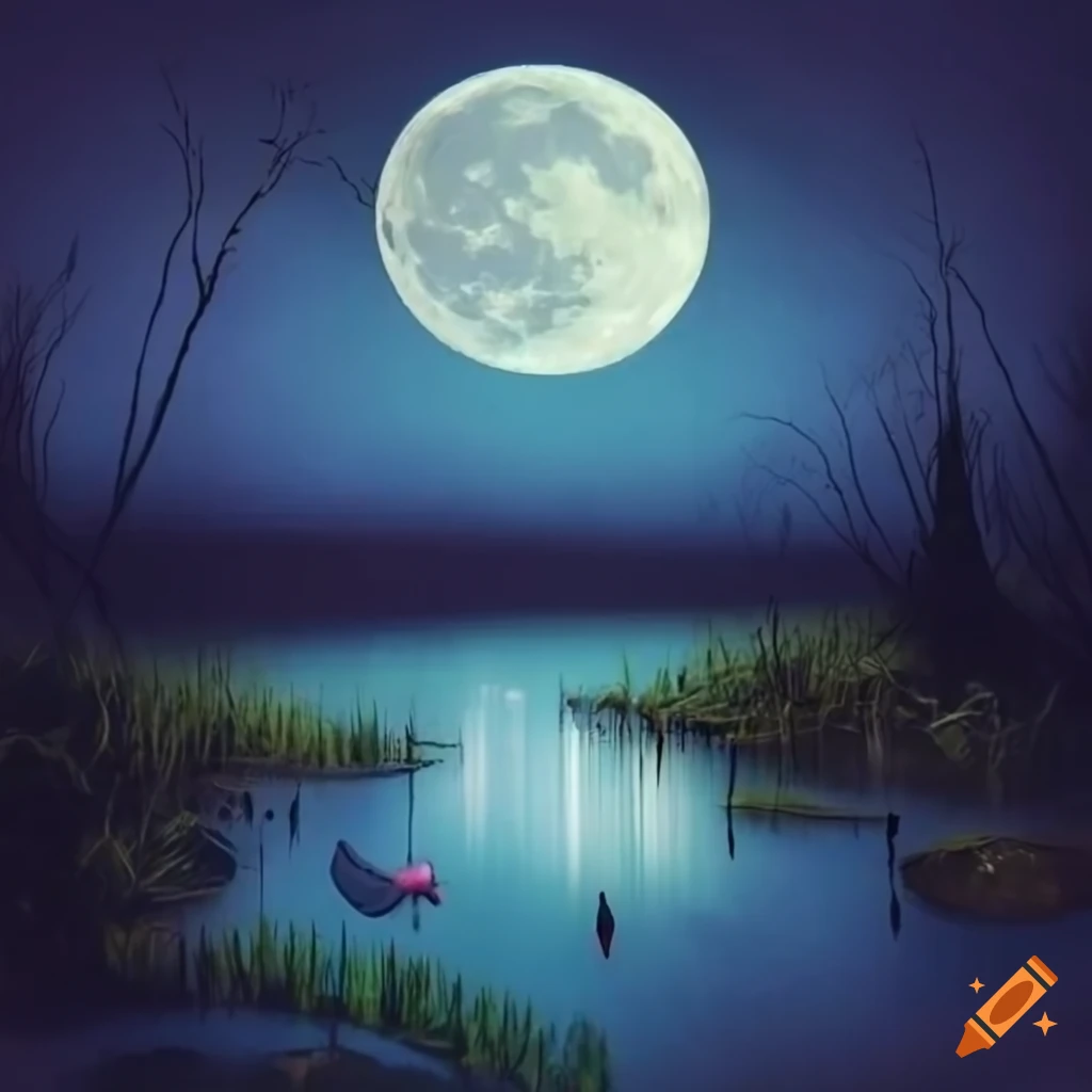 Bright moon over a fairy pond at night in a whimsical setting on Craiyon