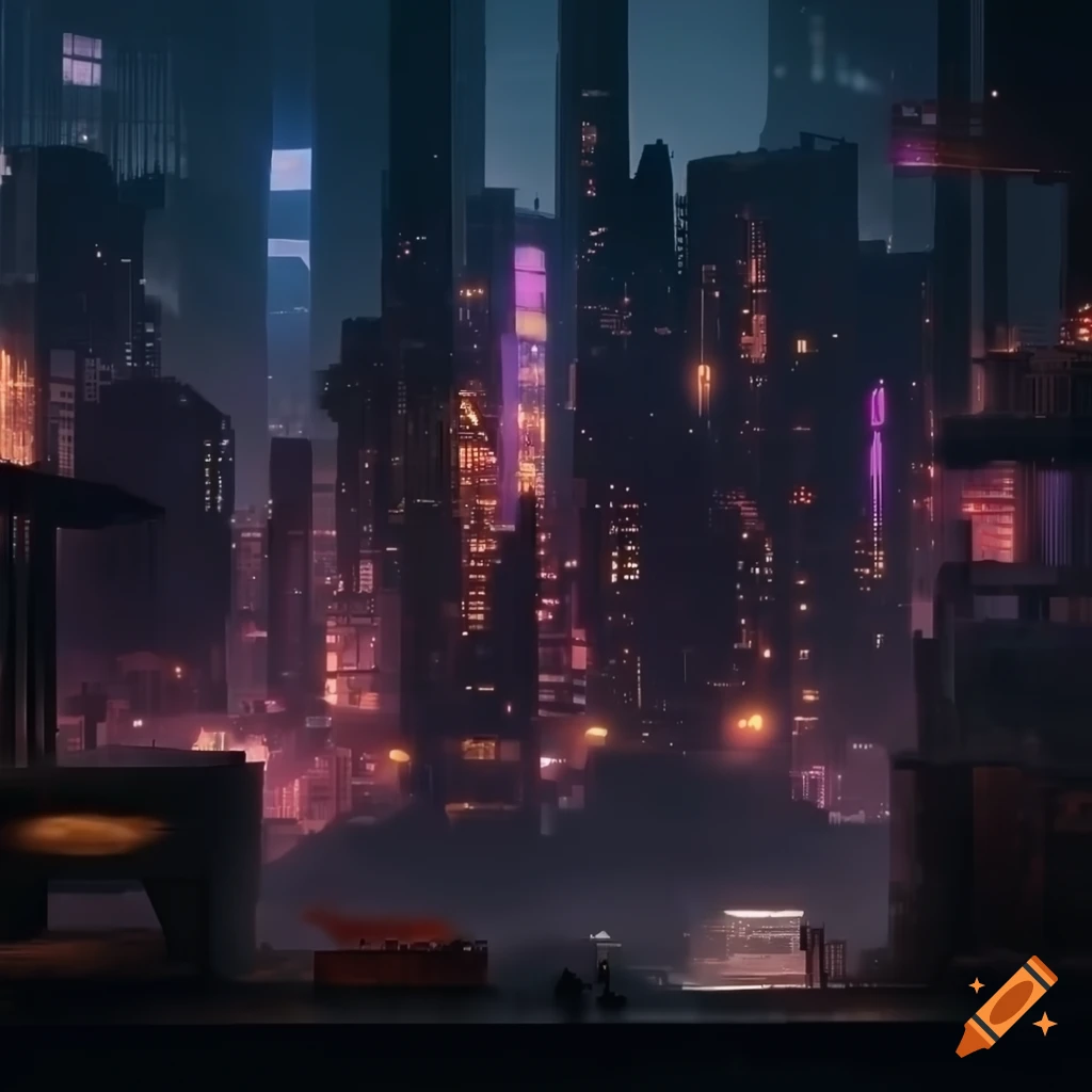 City skyline view from a window in a cyberpunk setting on Craiyon