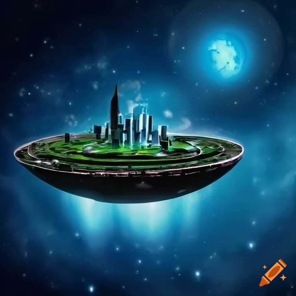 Floating island in space with planets and futuristic skyscrapers on Craiyon