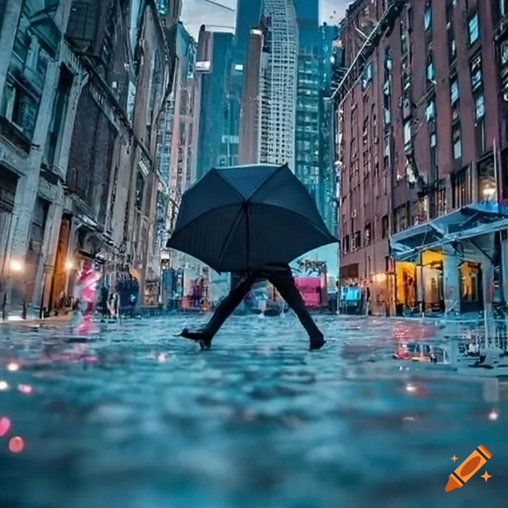 Man and woman with umbrellas walking apart in rainy new york street ...