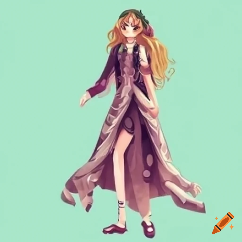 Anime-style 19-year-old in bohemian dress and green/white accessories ...