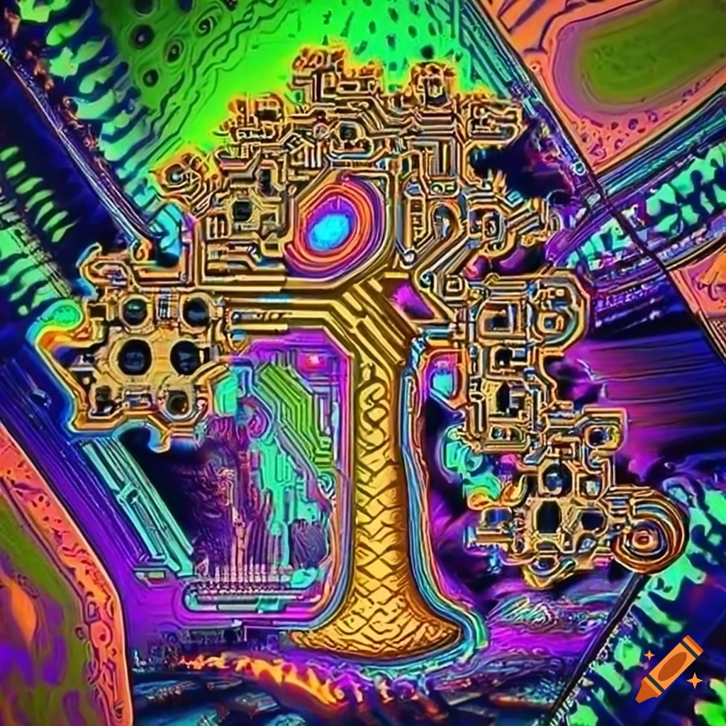 Psychedelic alien tree in tube art with electronic circuit board ...