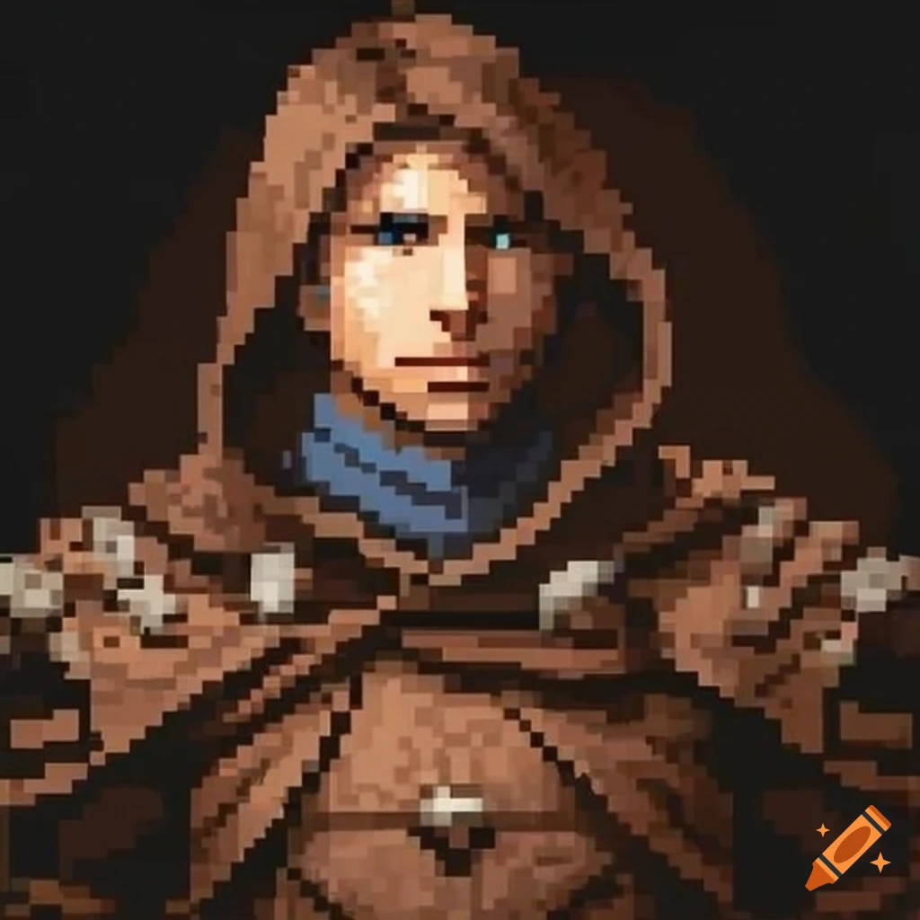 Pixel art portrait of a male rogue in leather armor and cloak on Craiyon