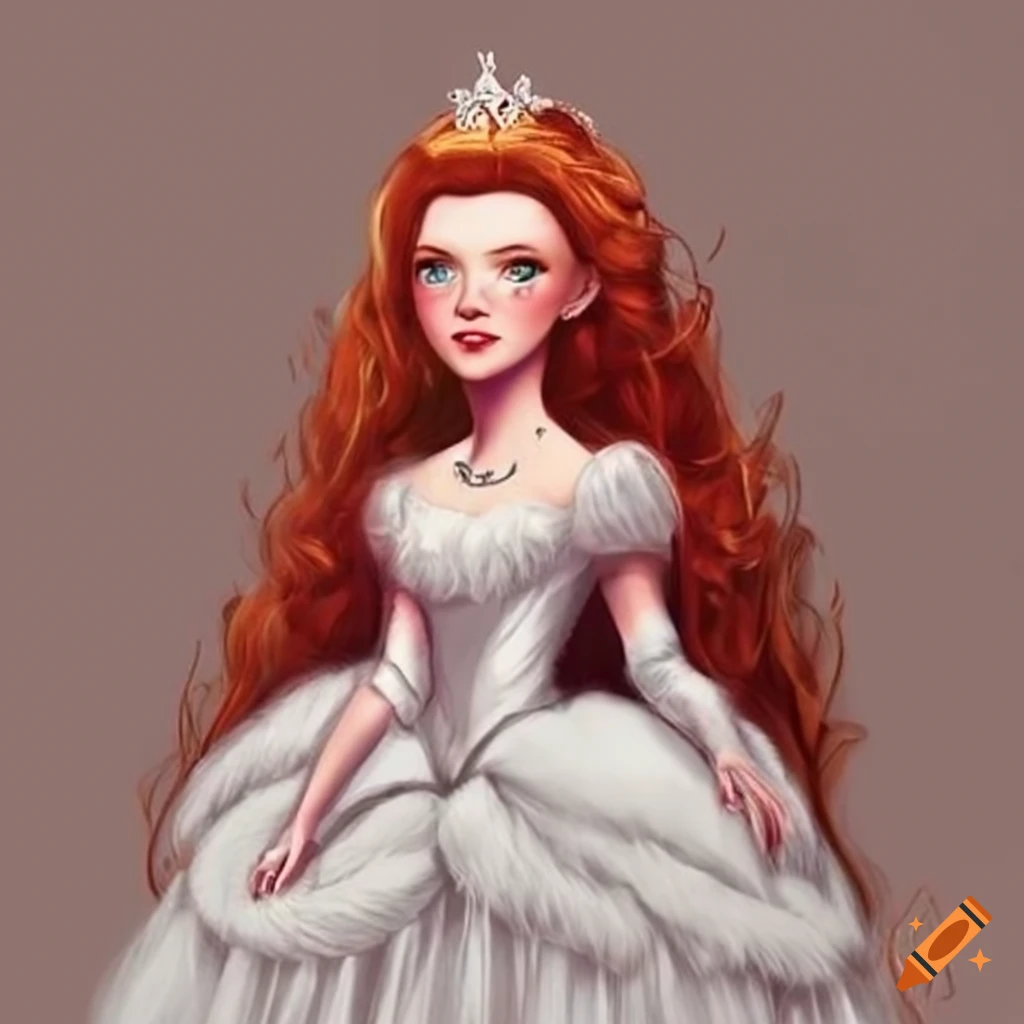 Redhead princess in white fur ballgown on Craiyon