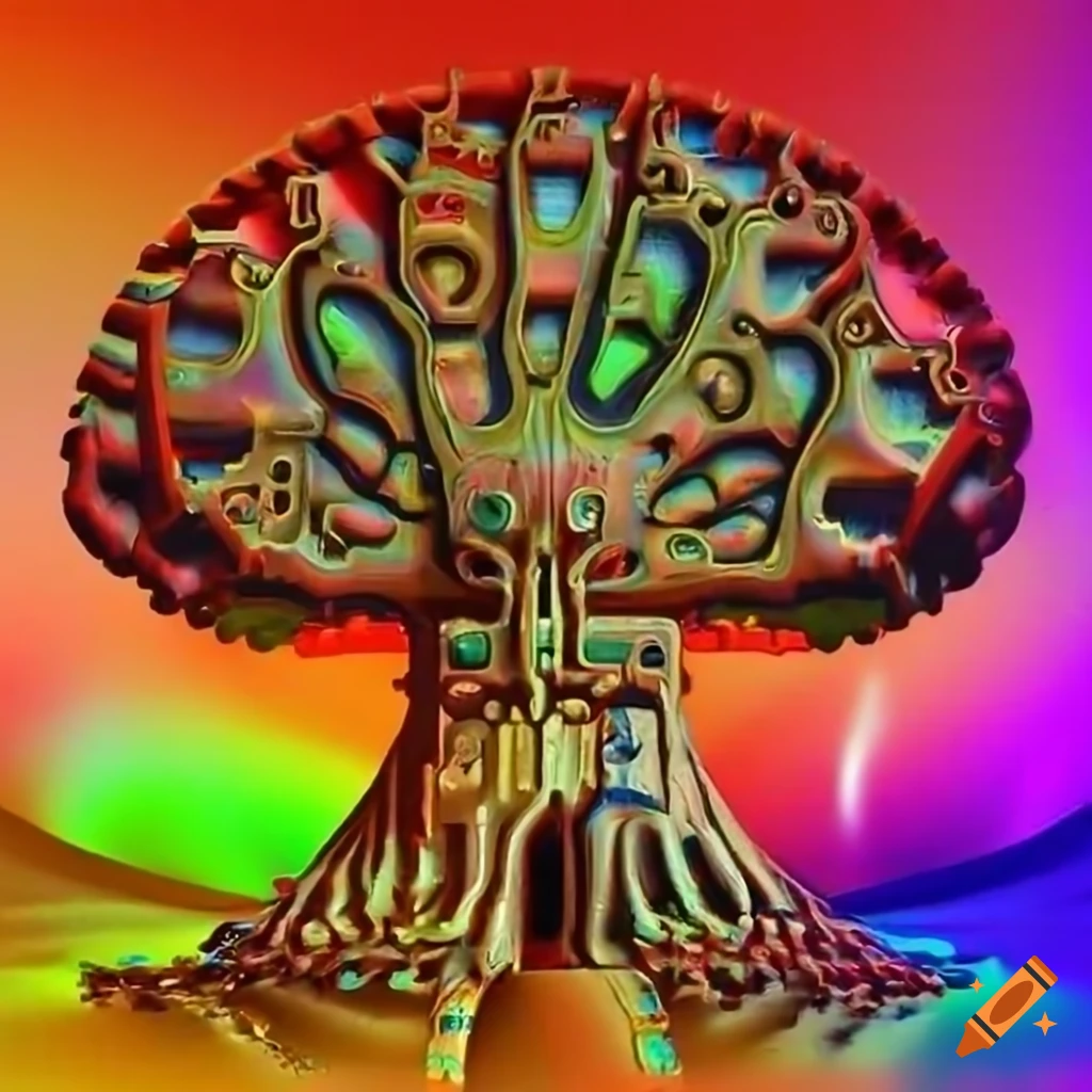 Psychedelic alien tree in tube art style with tropical plants in retro ...