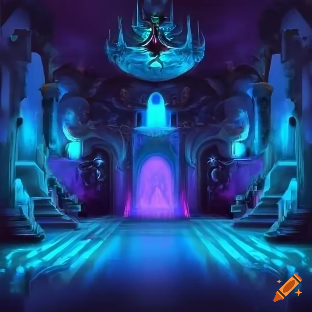 Dark fantasy room illuminated with dim blue light on Craiyon