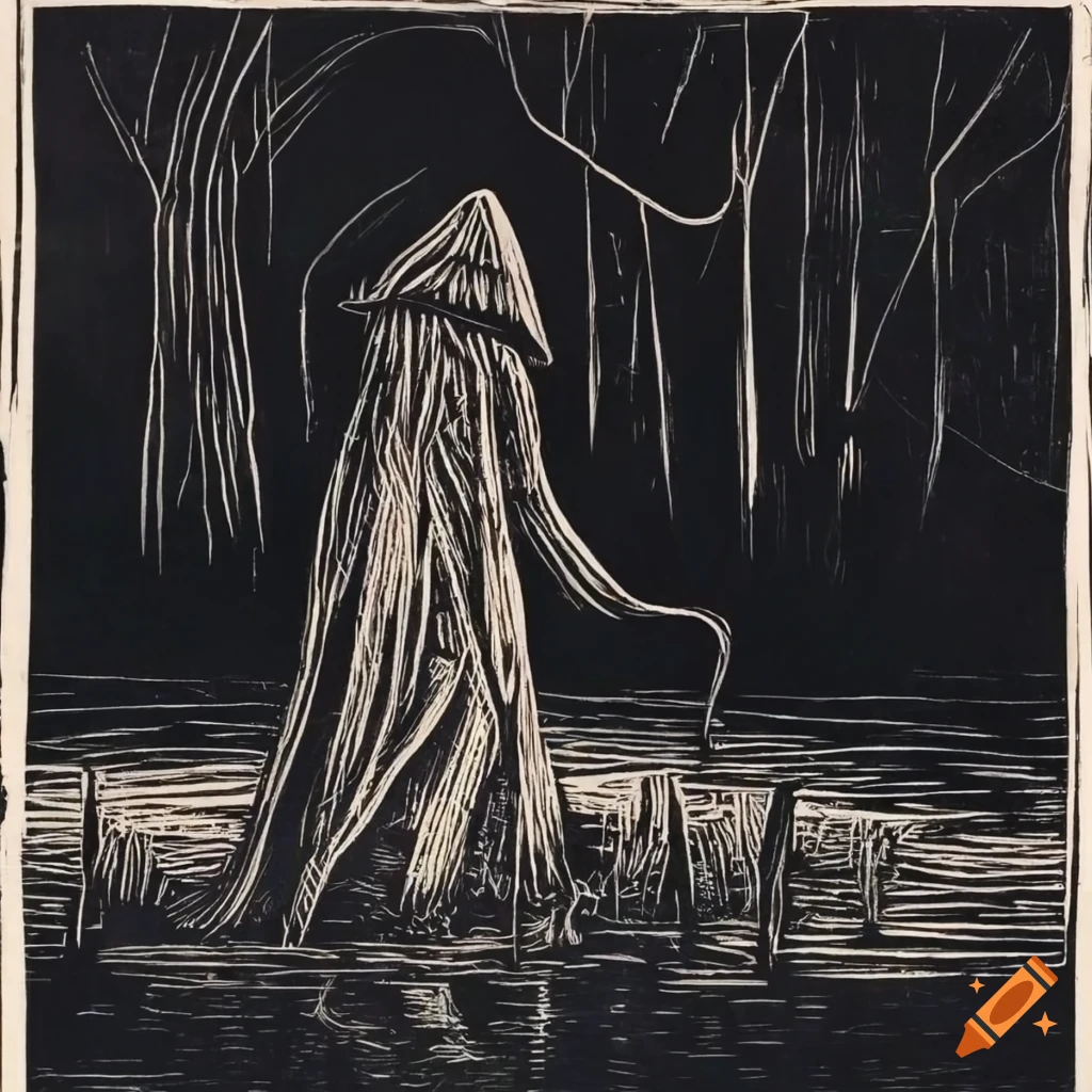 Hooded figure with lantern walking in misty swamp in linocut etching on ...