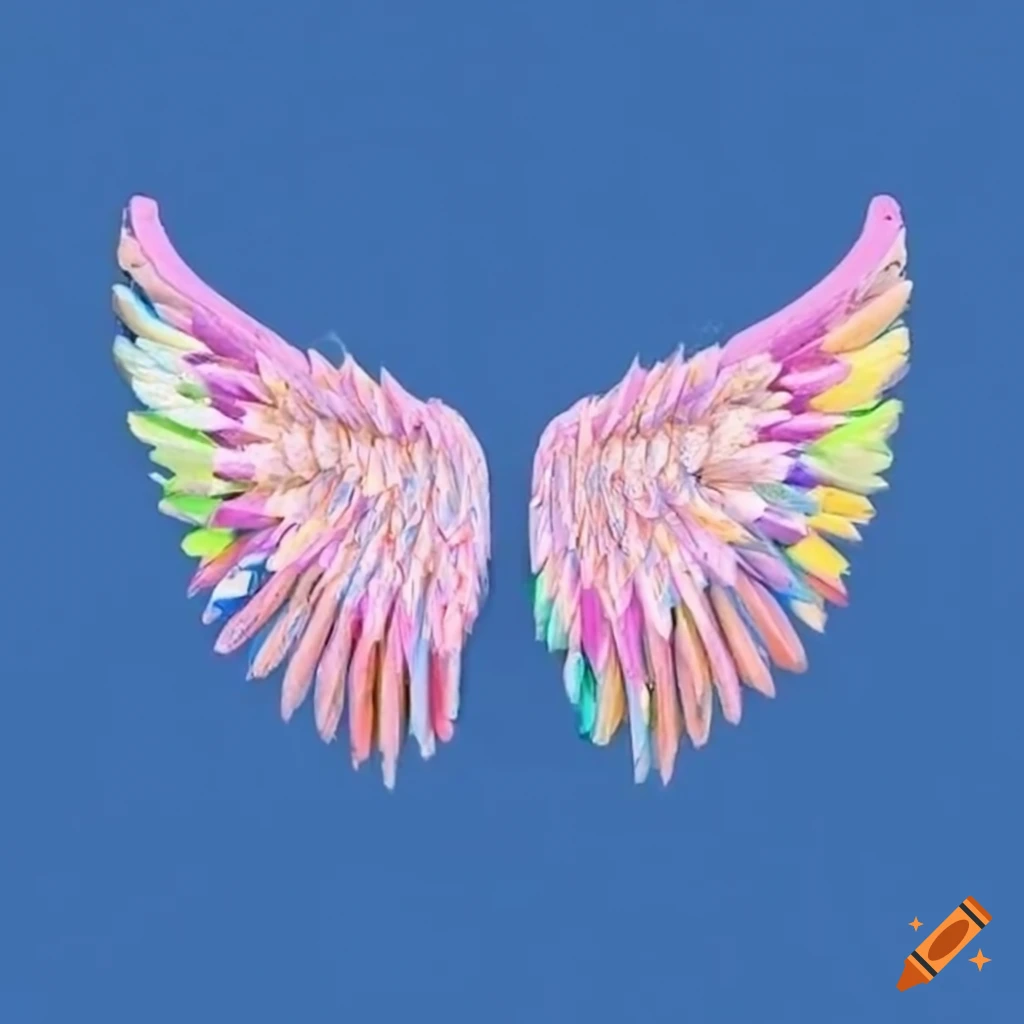 Angel wings crafted from crayons with school supplies around on Craiyon