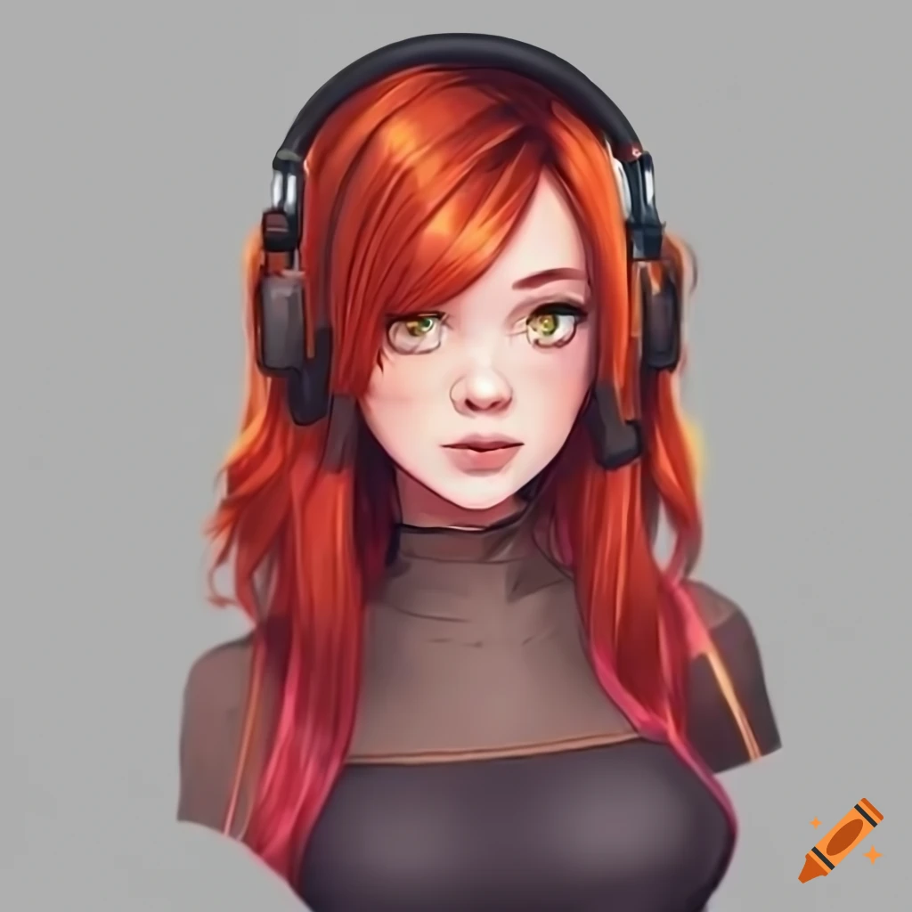 Gamer girl with red hair and brown eyes on transparent background on ...