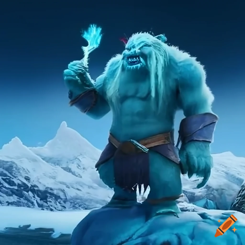 Frost troll towering over a wizard on a snow-covered mountain on Craiyon