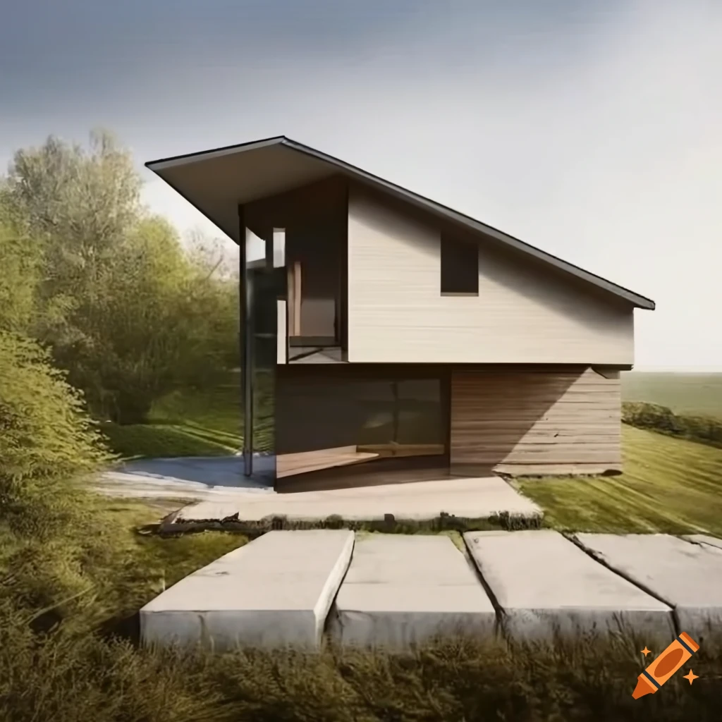 Modern architectural house with sloped roof, flying buttresses, and ...