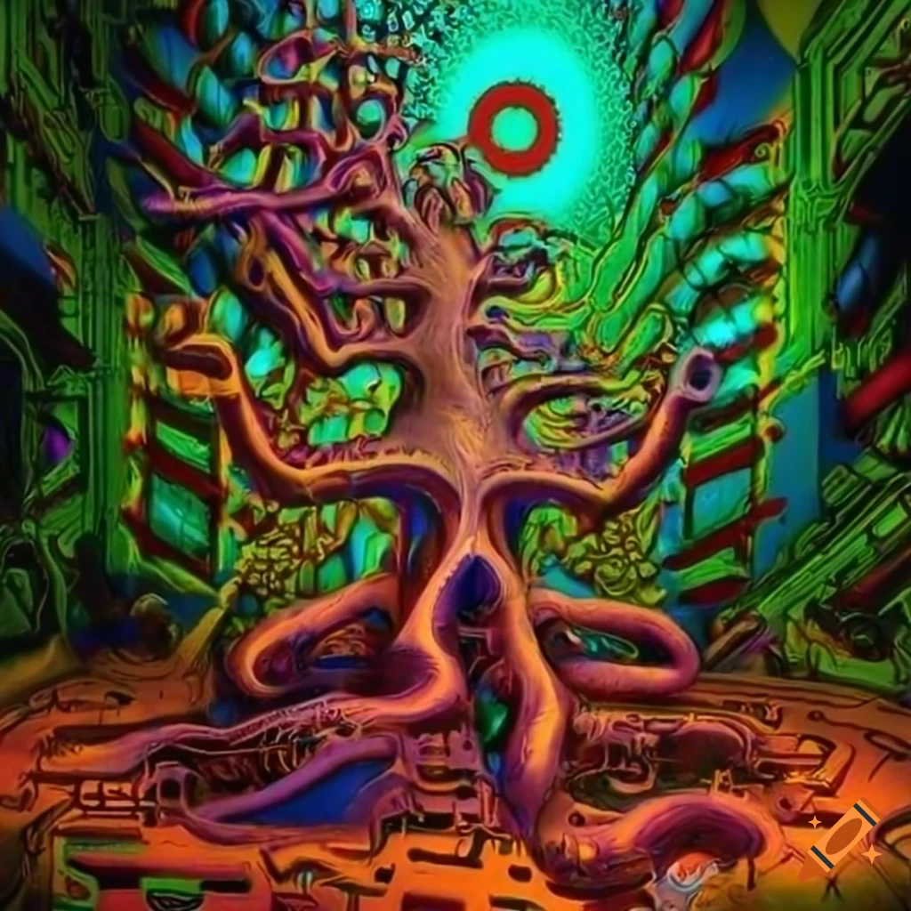 Psychedelic alien tree in tube art style with detailed technical drawing of tropical plants on ...