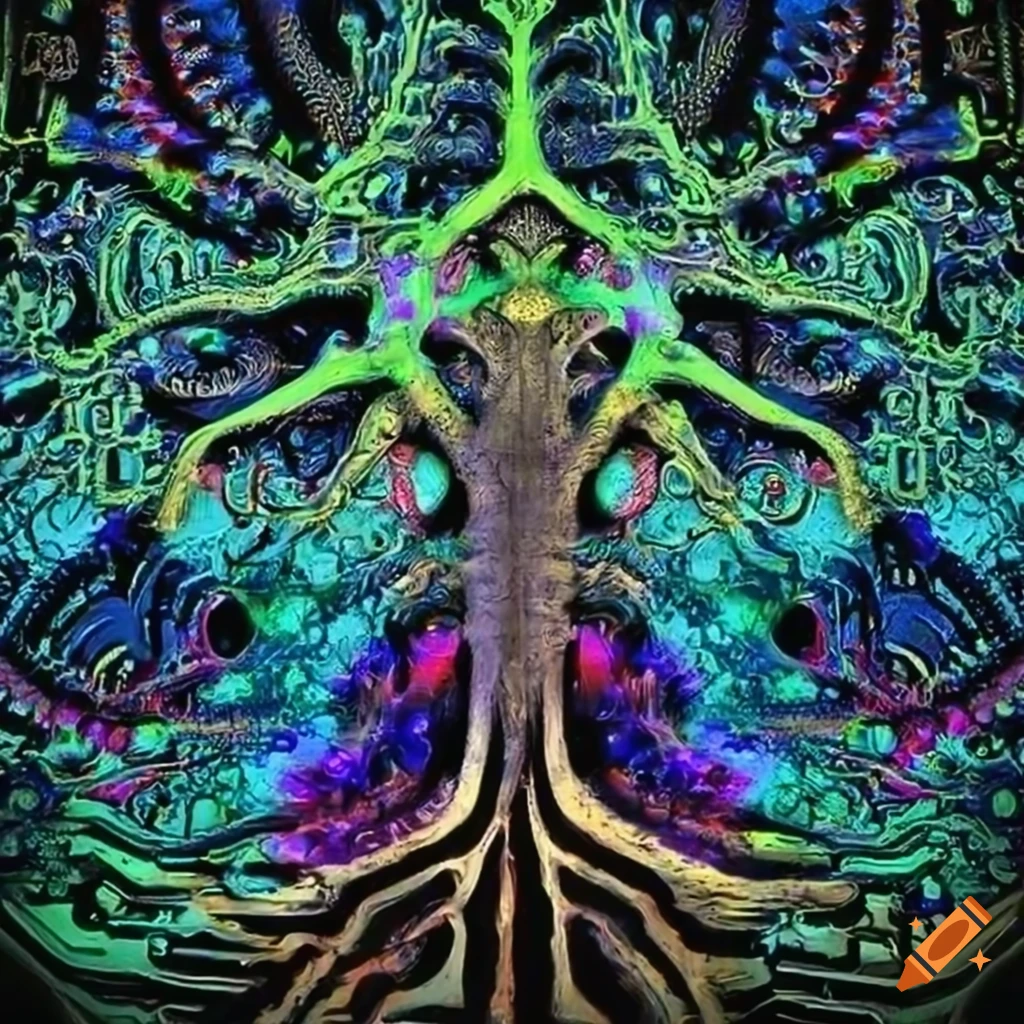 Psychedelic alien tree in tube art style with technical drawing of tropical plants on Craiyon