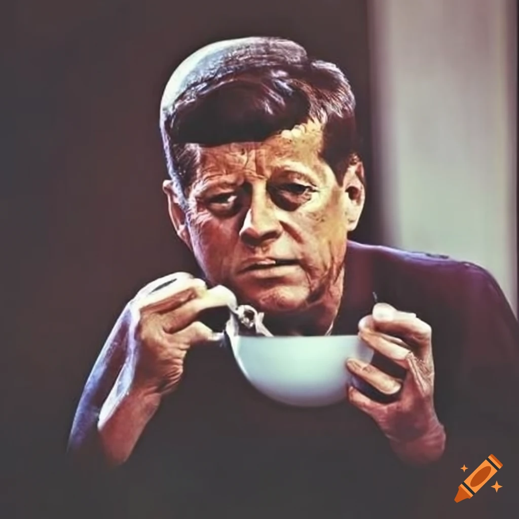 John F. Kennedy enjoying a warm bowl of soup on Craiyon