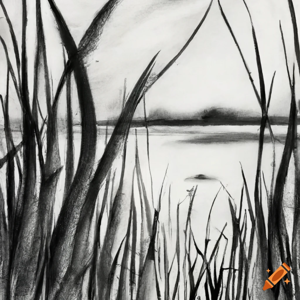 Lake grass in a charcoal drawing in black and white on Craiyon