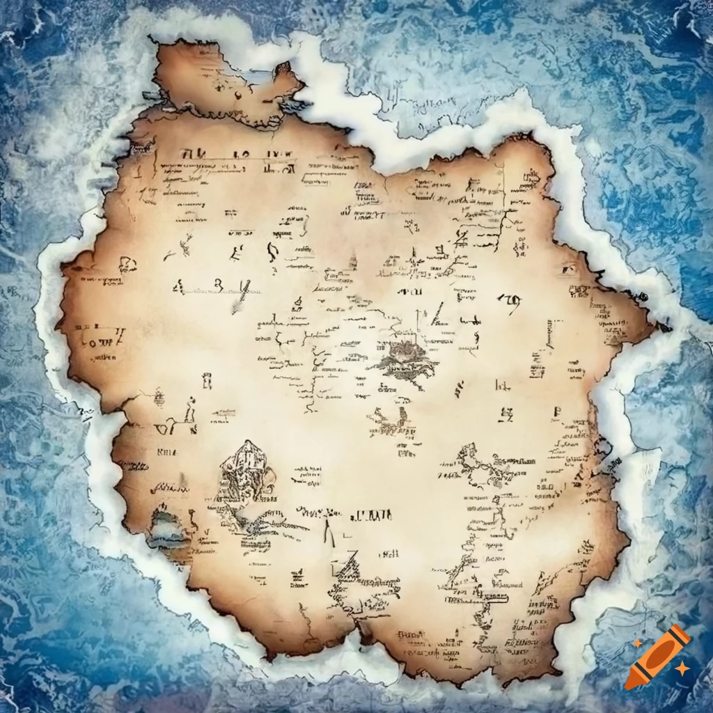 Detailed parchment map of a snowy fantasy world on Craiyon