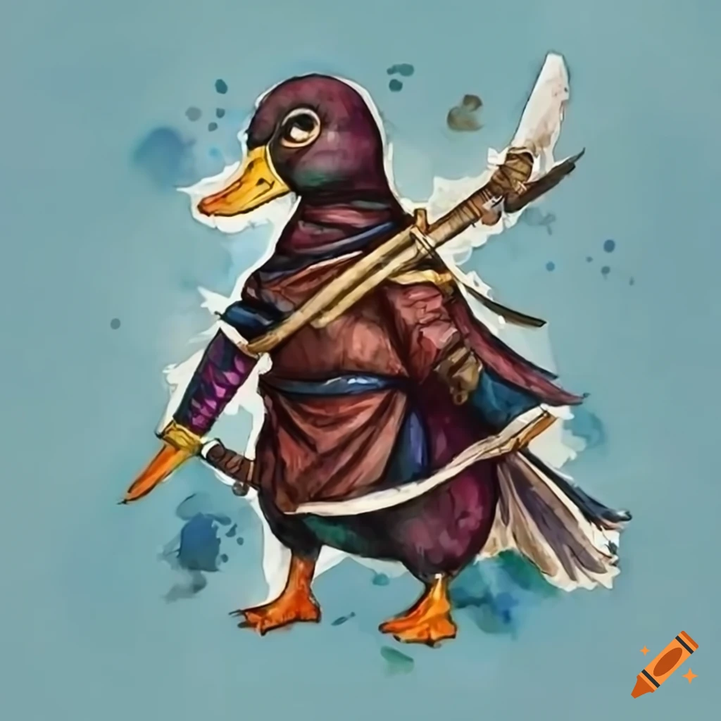 Duck in ninja attire holding swords on Craiyon