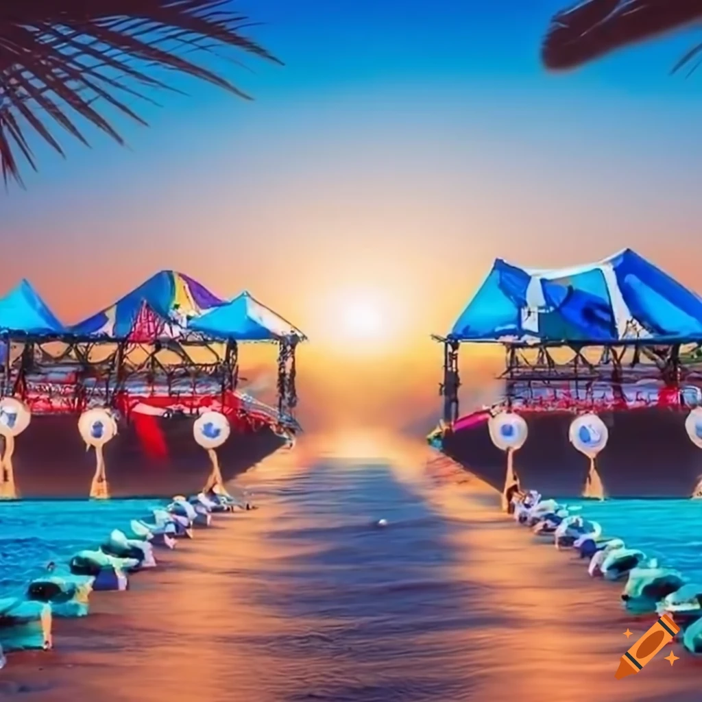 Beach stage with people dancing under a blue sky and water on Craiyon