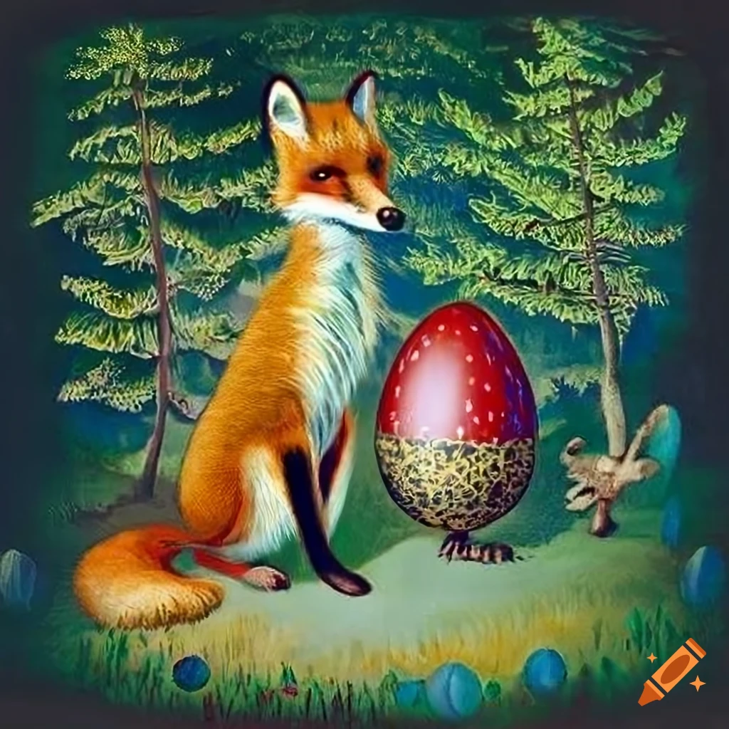 Fox, mice, and easter egg in an intricate forest illustration with ...