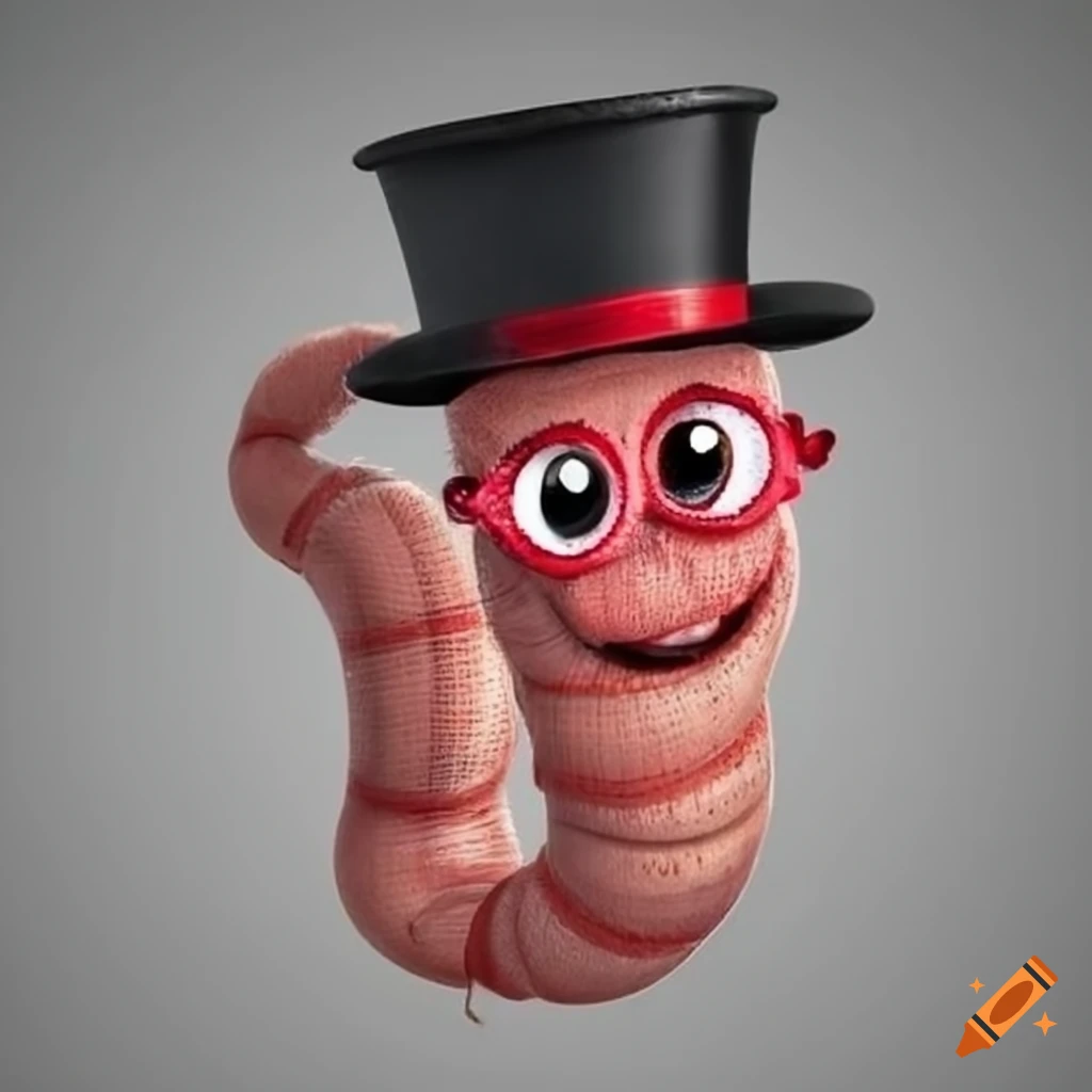 Worm with black top hat and red bow tie on Craiyon
