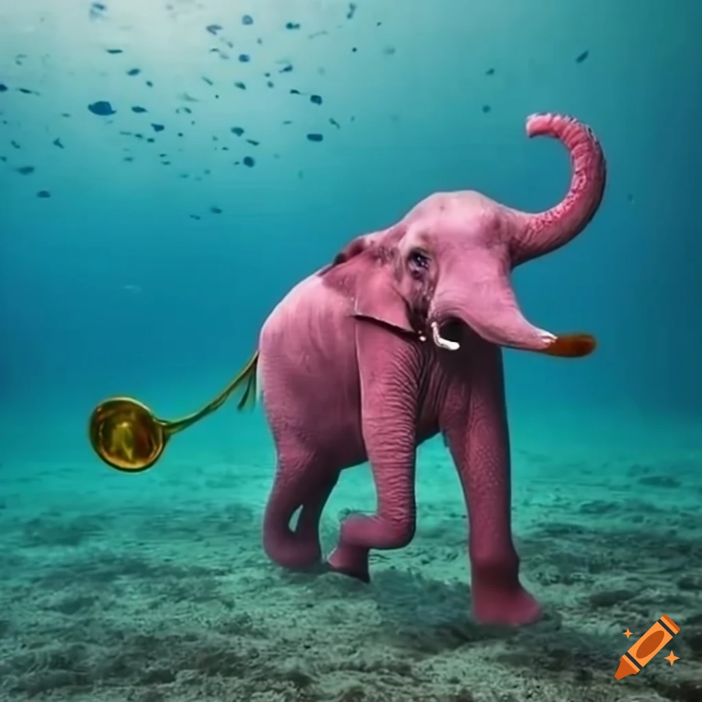 Pink elephant playing trumpet underwater on Craiyon