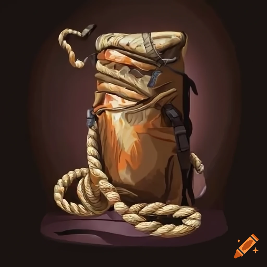 Rope and grappling hook stored on side of a backpack in heroic fantasy ...