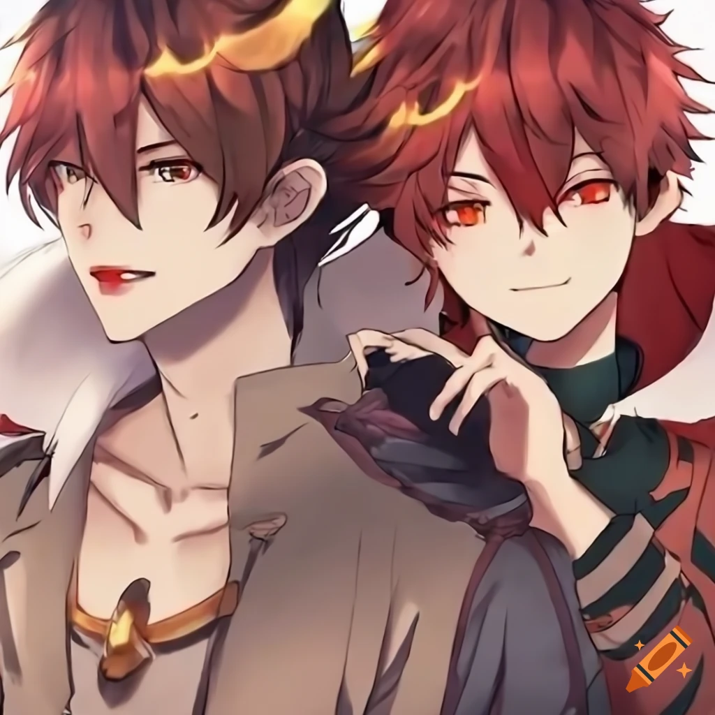 Anime boys with fiery and hawk wings embracing in a stellar setting on ...