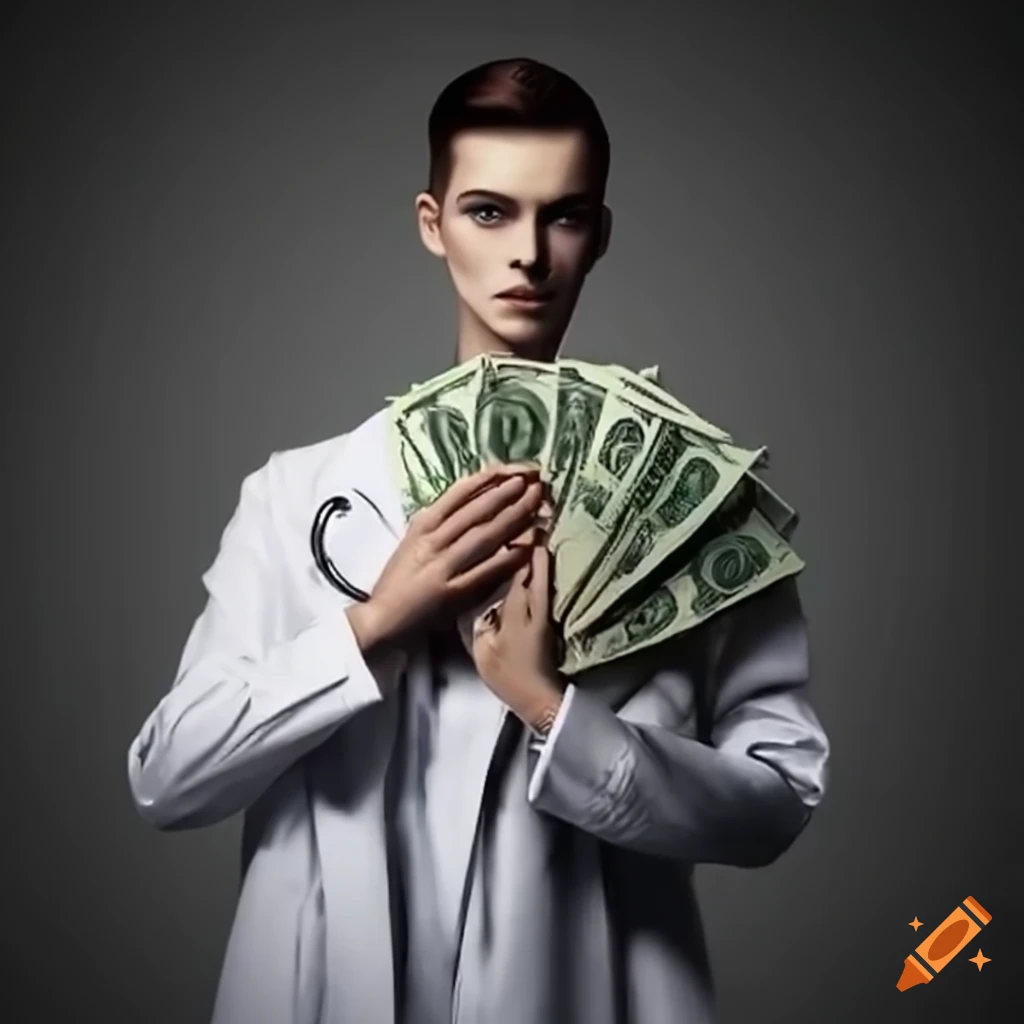 Doctor holding cash in his arms in a realistic style on Craiyon
