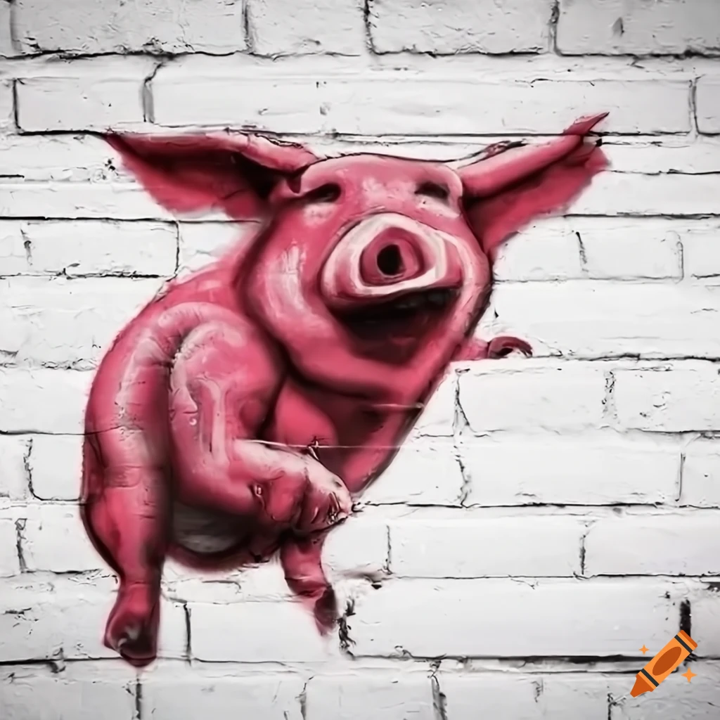 Graffiti of a flying pig on a white brick wall on Craiyon