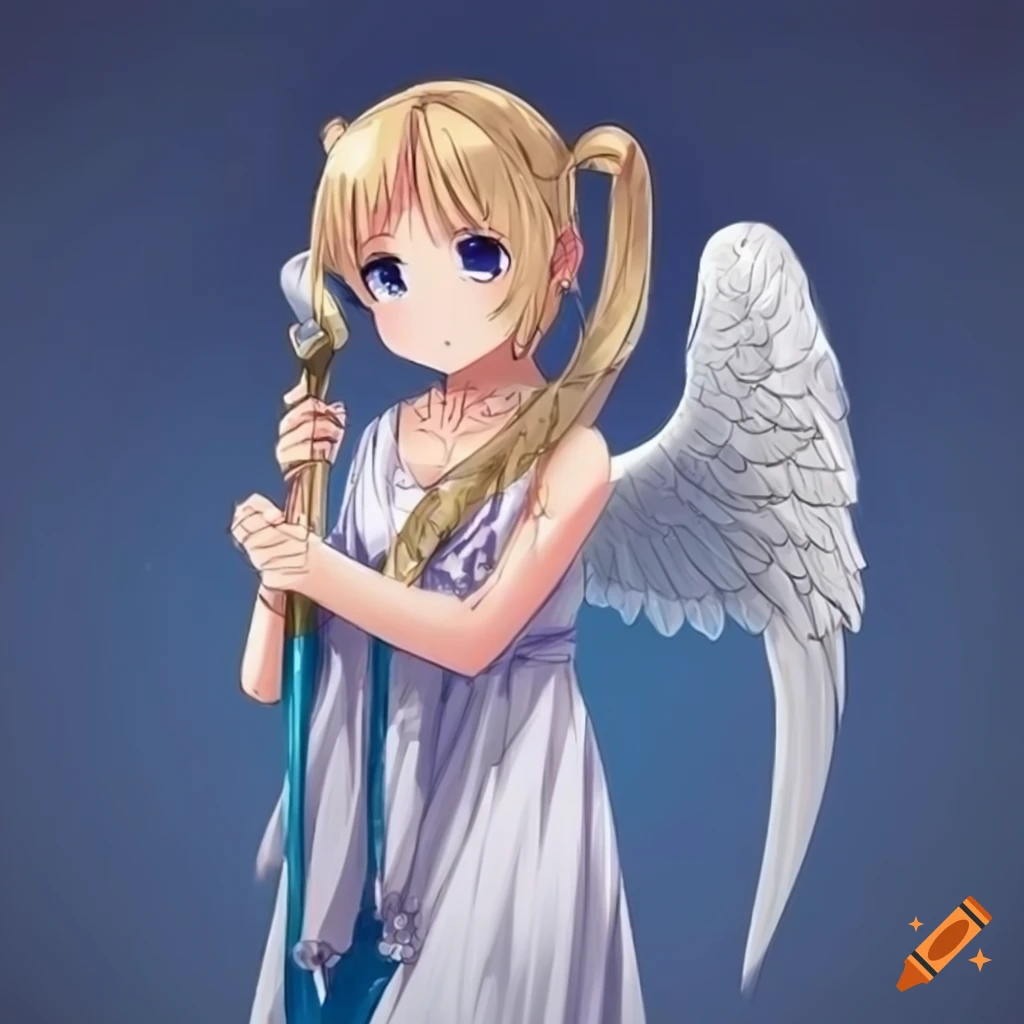 Anime angel girl in a Greek dress with an eye symbol staff on Craiyon