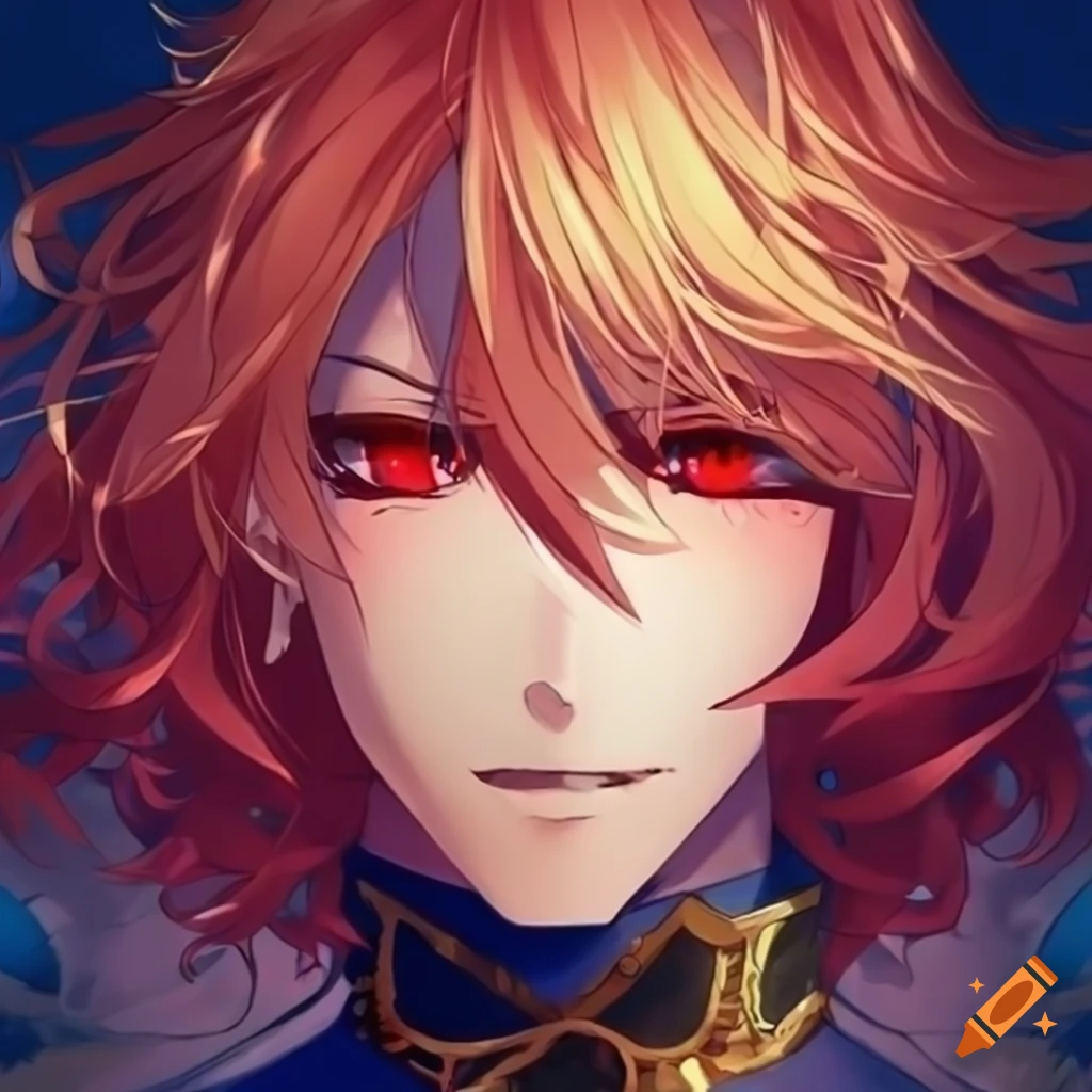 Anime prince with long wavy red hair and red eyes on Craiyon
