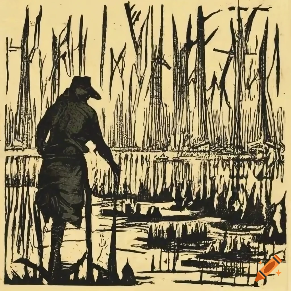 Tired adventurer facing mysterious swamp with spirits watching in ...