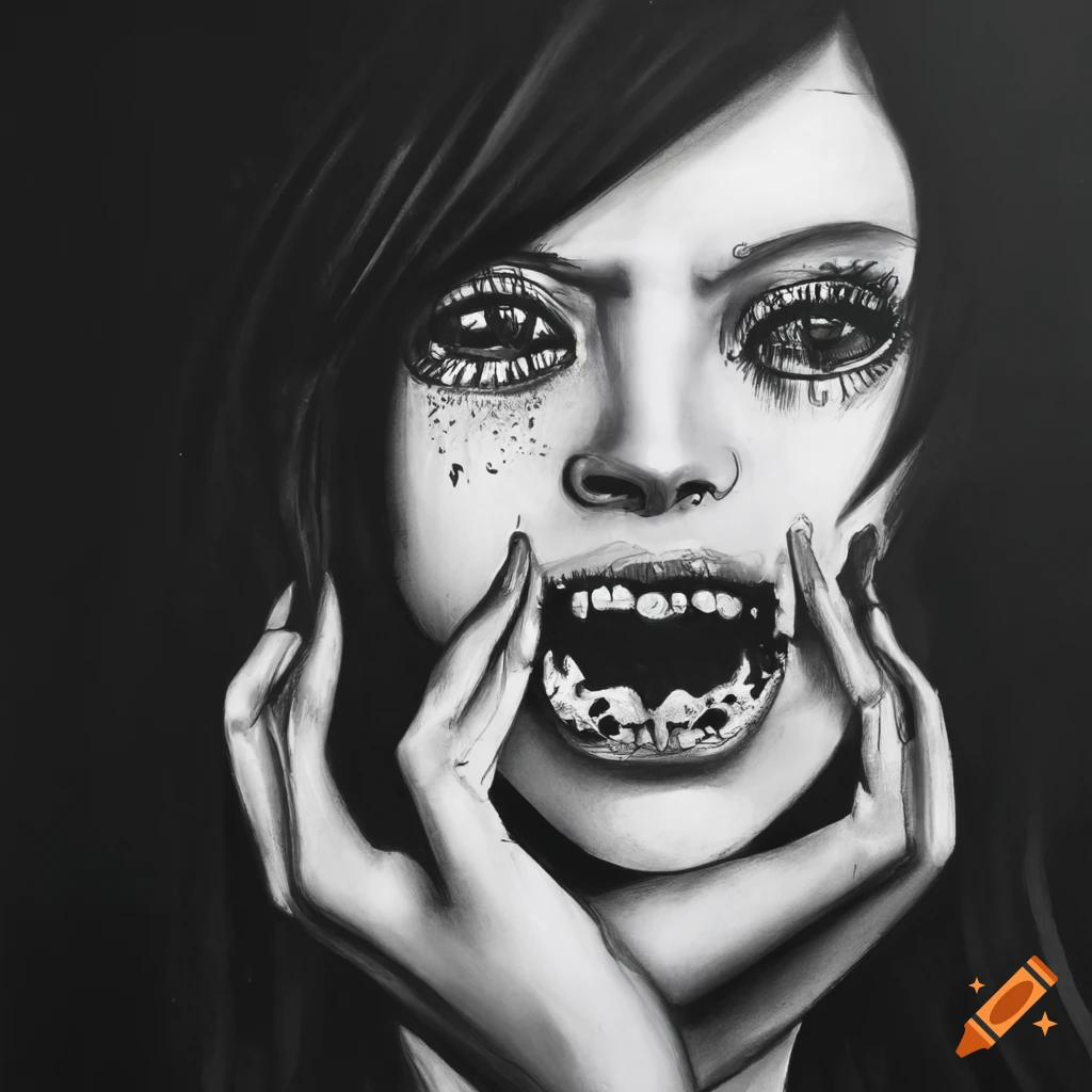 Ink drawing of a girl with expressive black eyes and unique teeth by ...