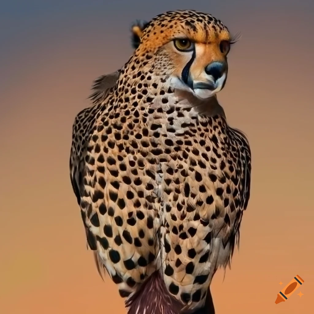 Hybrid creature with vulture chest, cheetah feet, peregrine falcon wing, wax moth ear, tawny owl ...