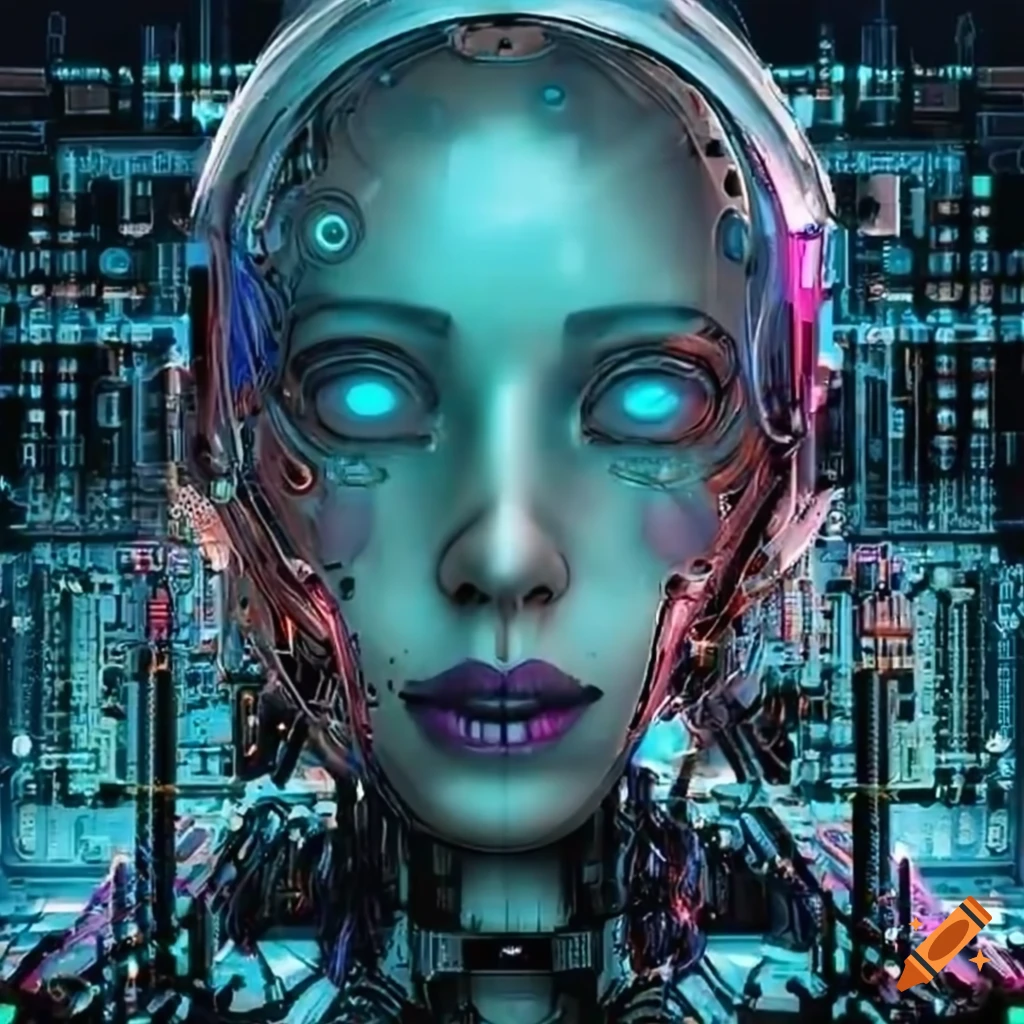 Focused cyborg surrounded by wires and circuits in a coding environment ...