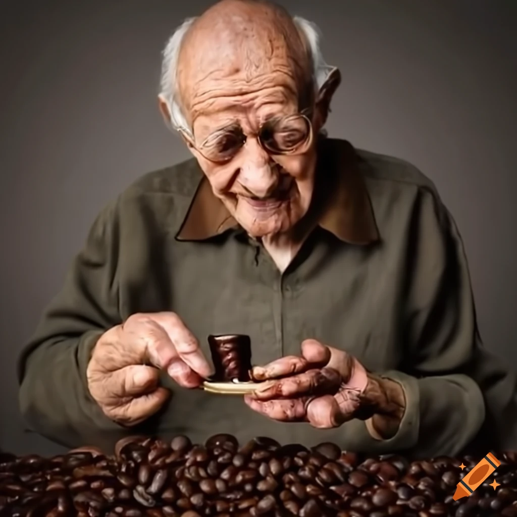 Old man playing with coffee beans on Craiyon