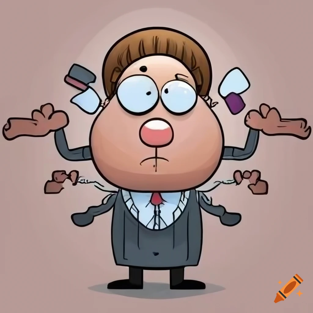 Colorful cartoon illustration of a busy secretary with many arms on Craiyon