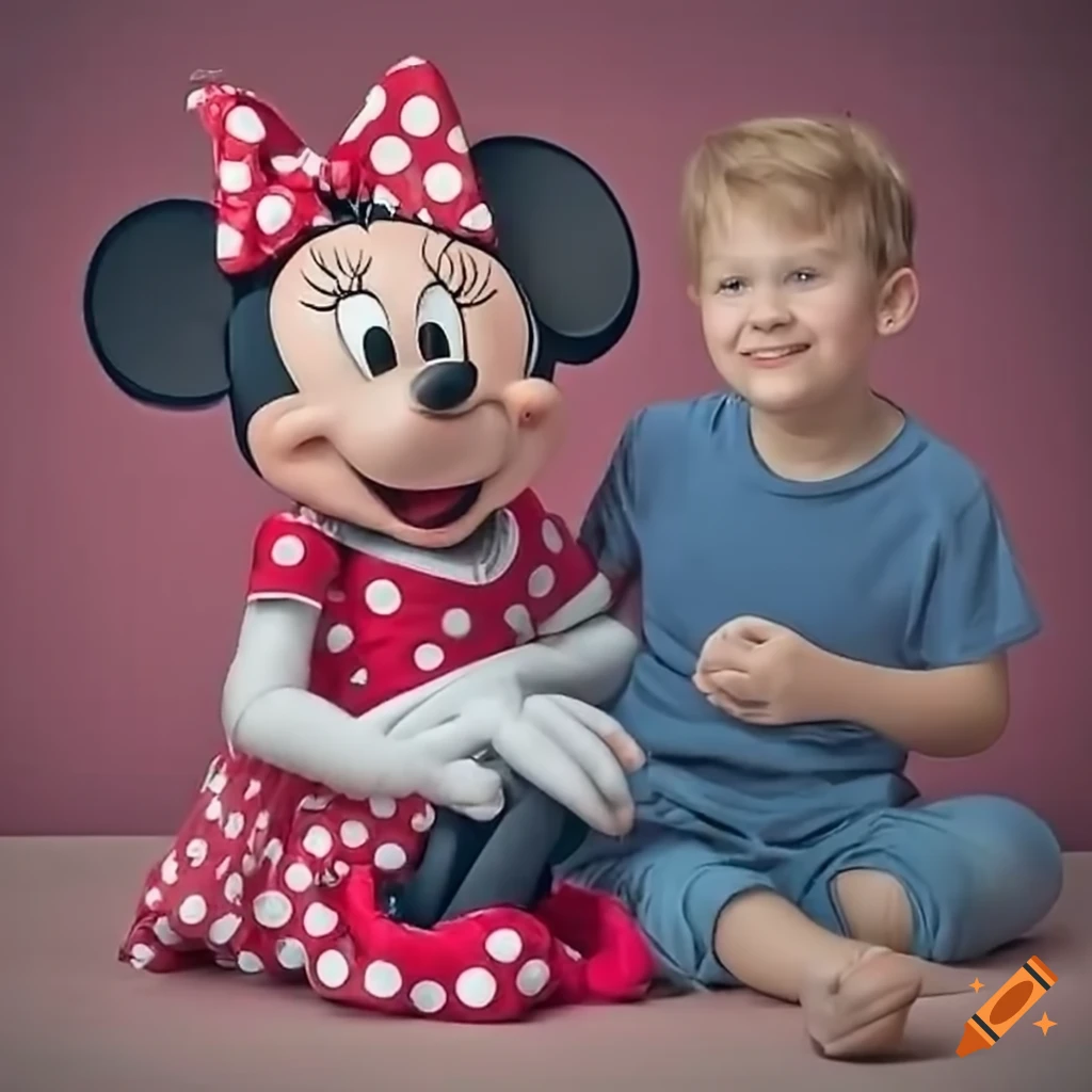 Minnie mouse comforting a boy in a cozy corner with a hug on Craiyon