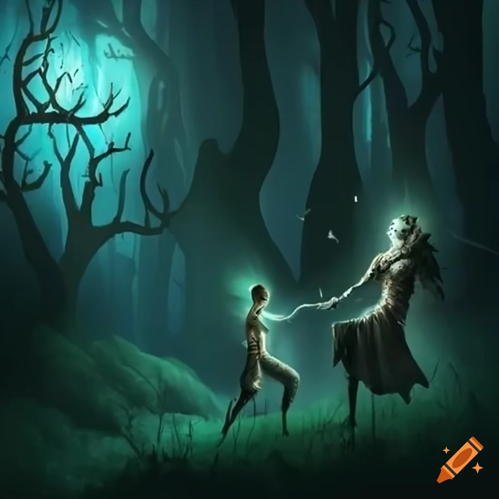 Fantasy magic fight in a night forest setting on Craiyon