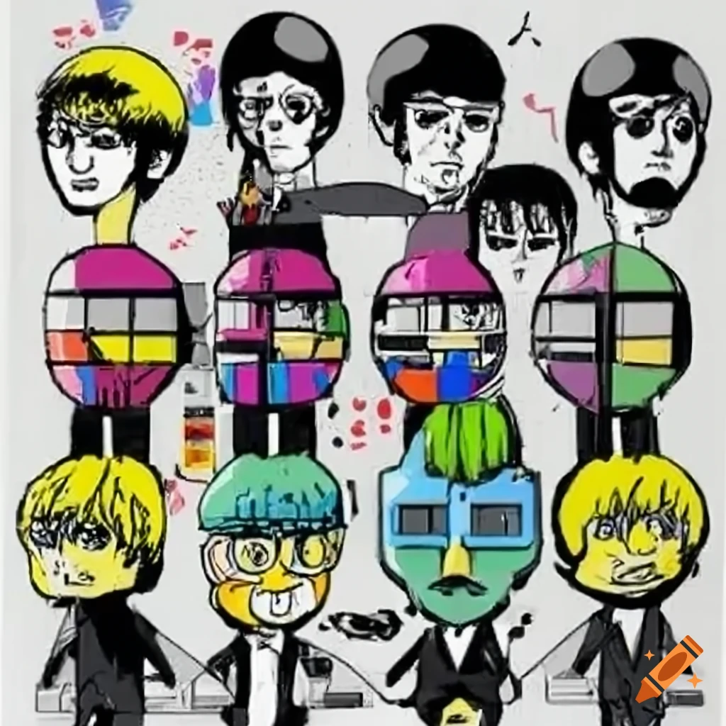 Cartoon depiction of the beatles with lennon playing a moog synthesizer ...