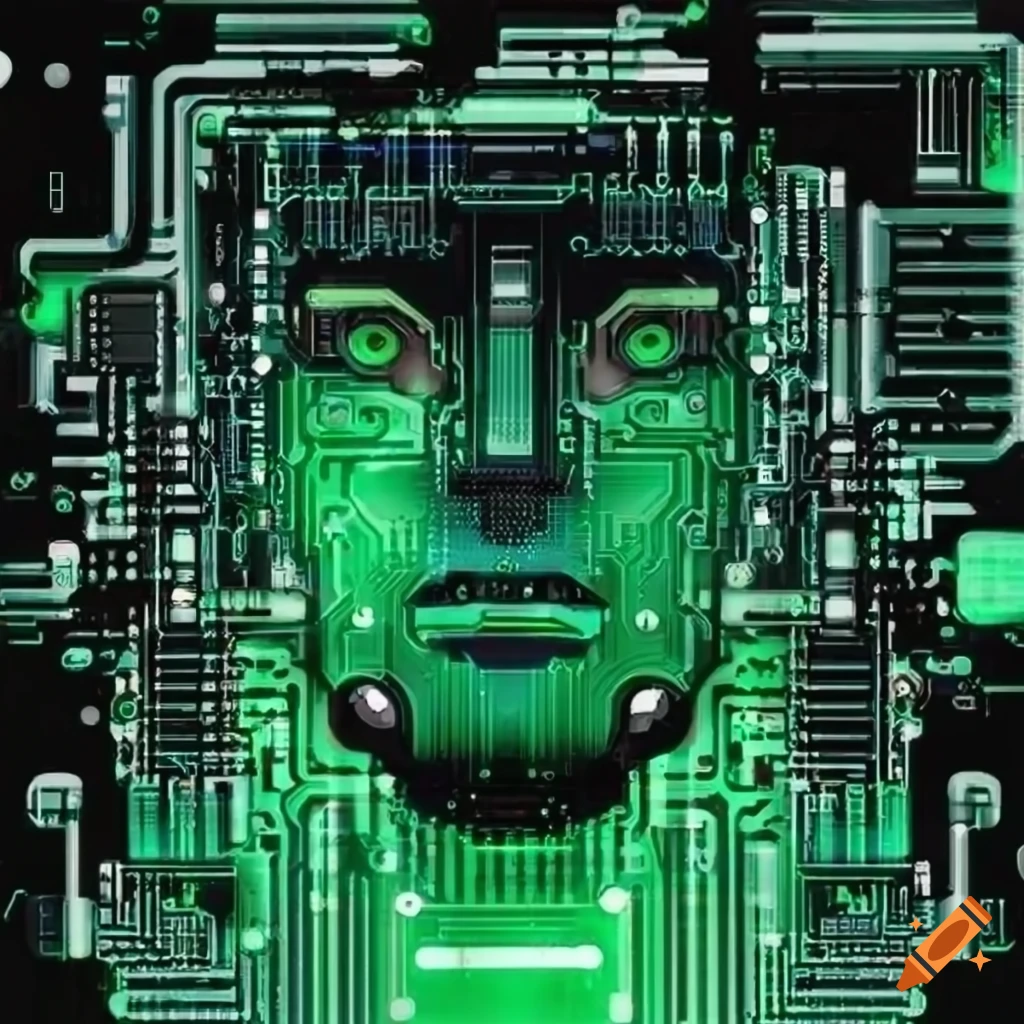 Illustration of cyborg face on electronic circuit board on Craiyon