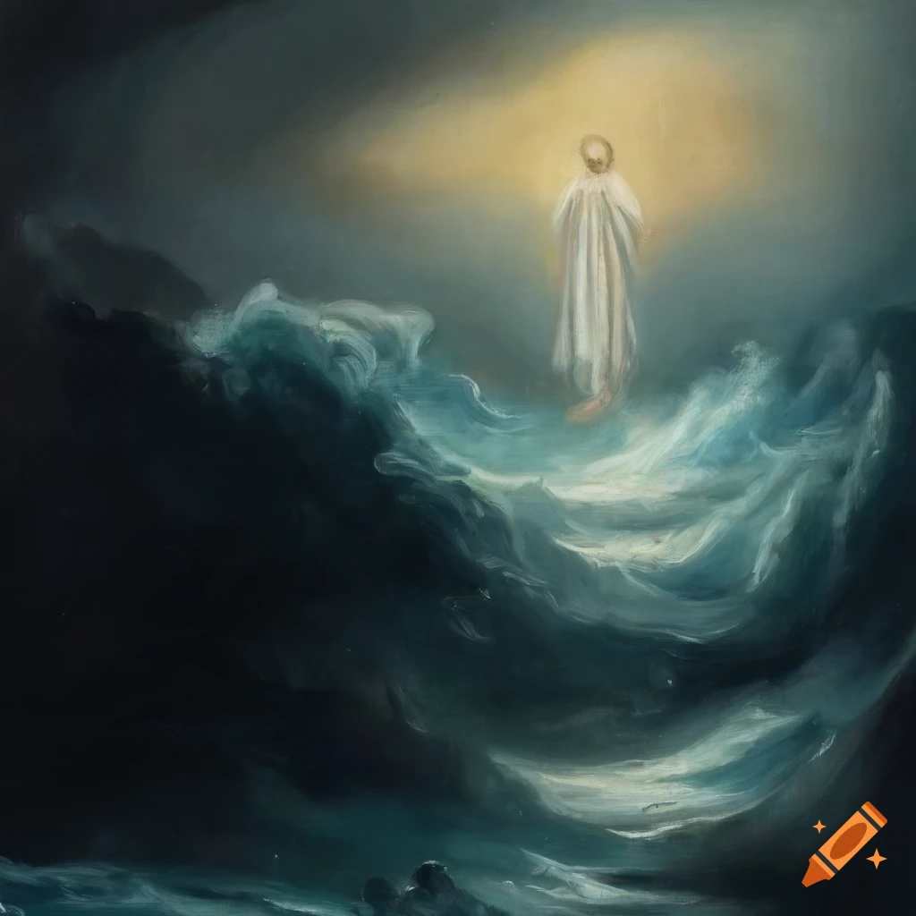 Saint Peter and Jesus navigating a storm at sea in a dramatic oil ...