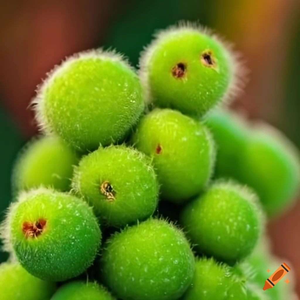 Cluster of fruits with fuzzy skin and crimson pulp on Craiyon