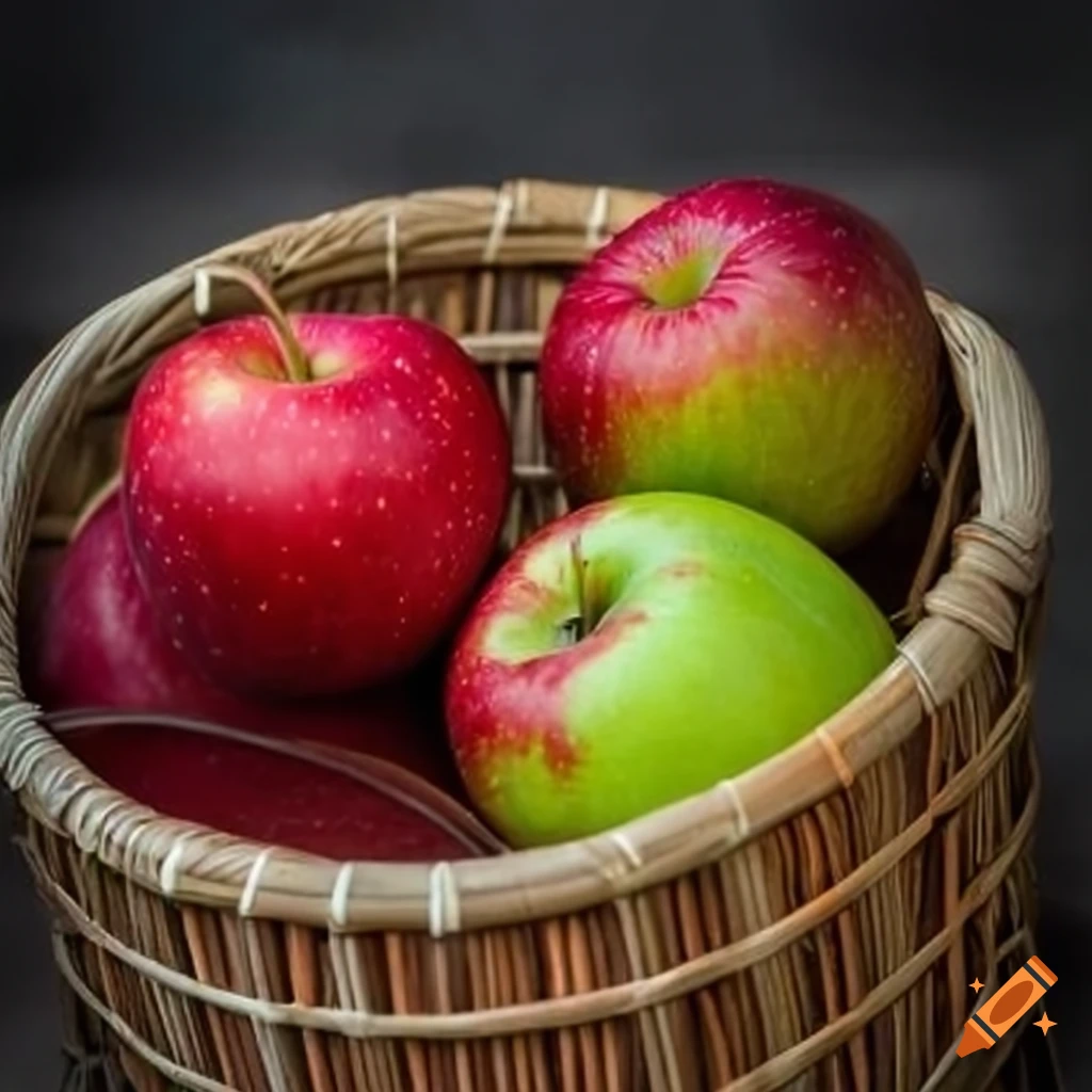 Close-up of bushel basket with red apples and one bright green apple on ...